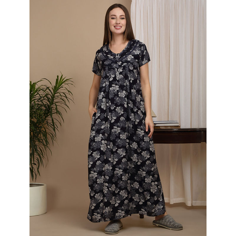 Buy Sweet Dreams Navy Blue Women Floral Print Full Length Night Dress ...