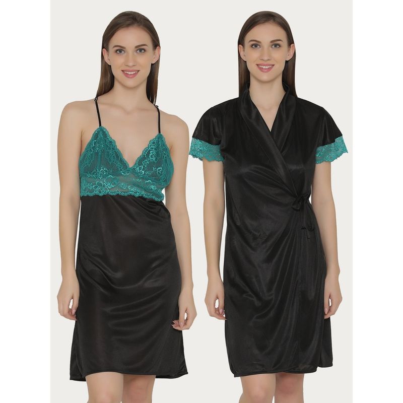 Clovia Short Night Dress & Robe In Black Satin (Set of 2): Buy Clovia ...
