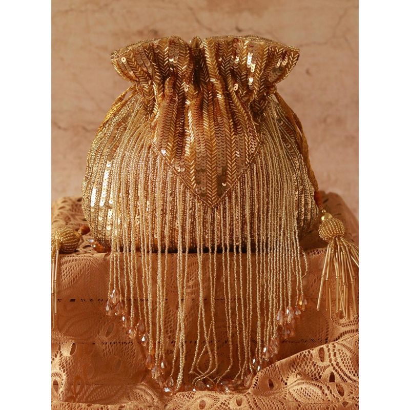 Buy THE TAN CLAN Gold Sequined Tassle Potli with Handle Online
