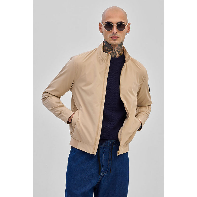 Buy Snitch Beige High Neck Bomber Jacket Online