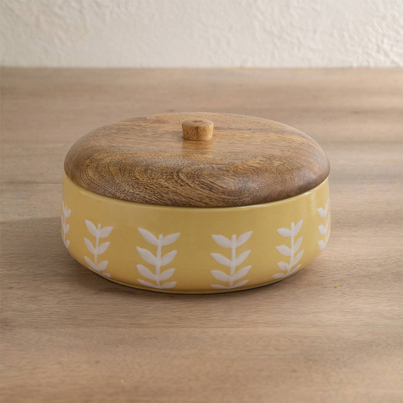 Buy Ellementry Gamboge Ceramic Roti Box With Wooden Lid Online