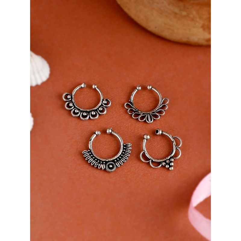 Buy Silvermerc Designs Set of 4 Oxidised Carving Septum Ring Online