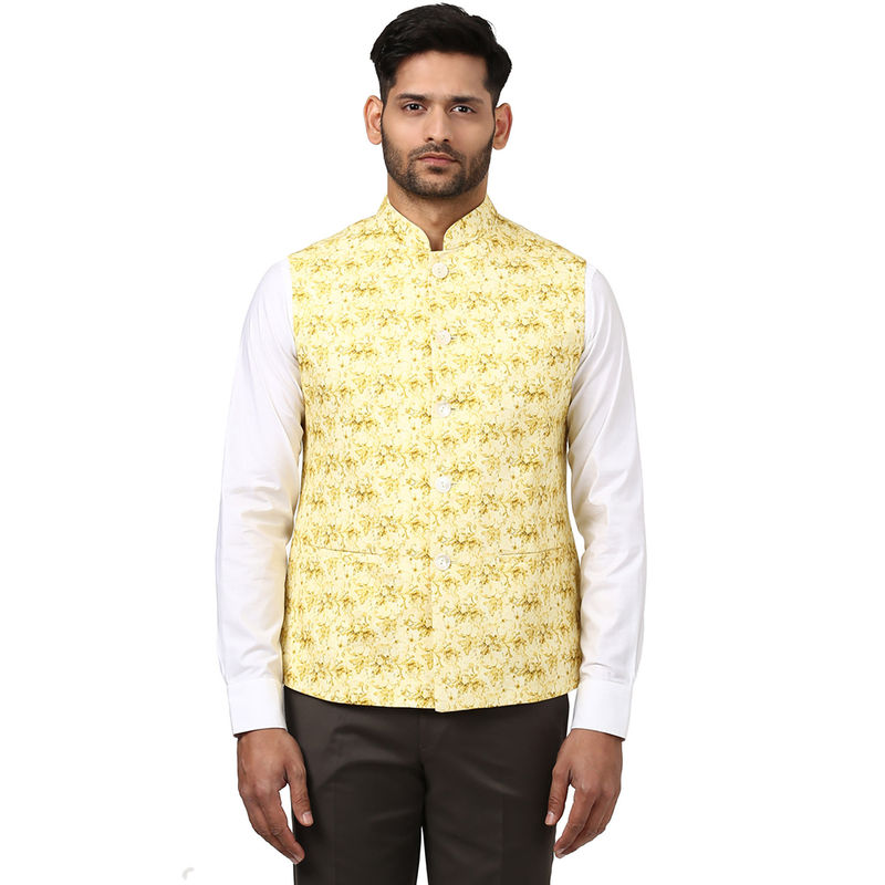 Buy Ethnix By Raymond Light Yellow Solid Nehru Jacket Online