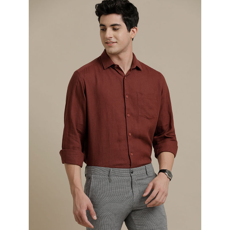 Buy Linen Club Men's Pure Linen Maroon Solid Regular Fit Full Sleeve ...