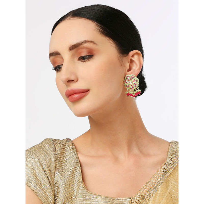 Buy OOMPH Mint Green and Rani Pink Minakari Pearls Floral Ethnic Drop Earrings Online