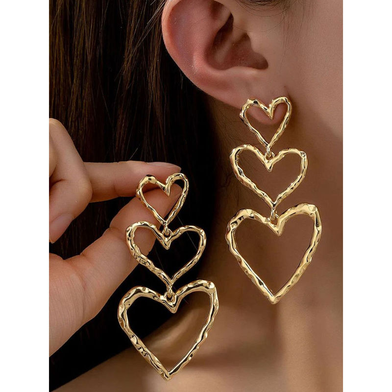 Buy OOMPH Gold Texture Triple Heart Party Wear Drop Earrings For Women ...