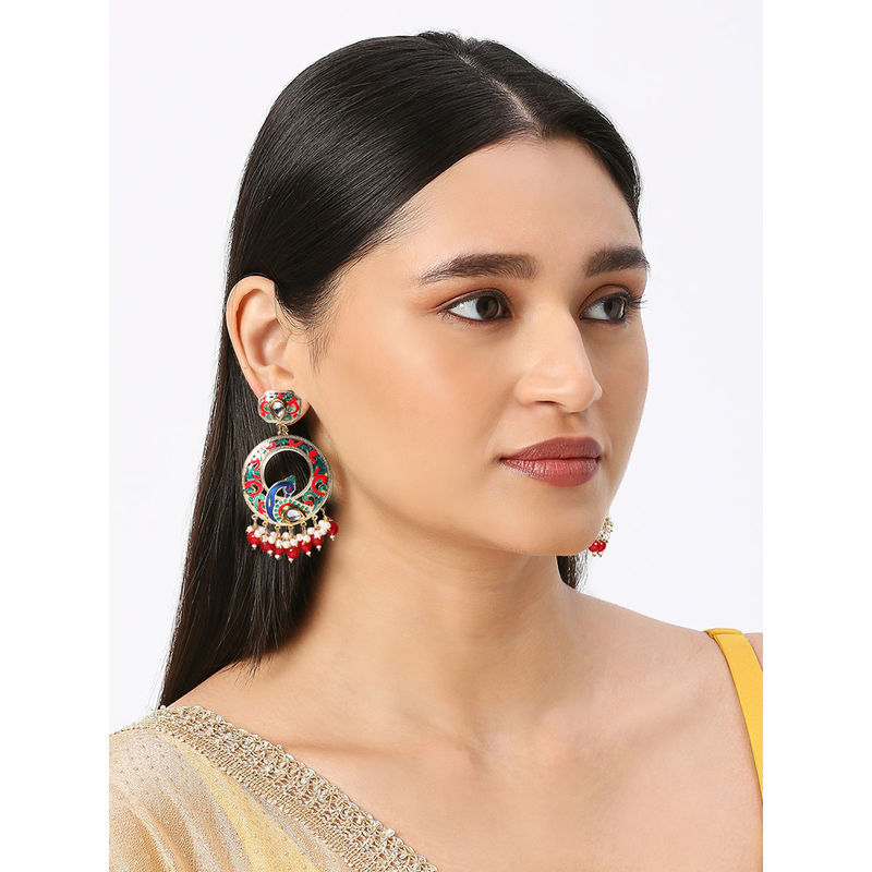 Buy OOMPH Red Minakari Peacock Design Large Chandbali for Women Online