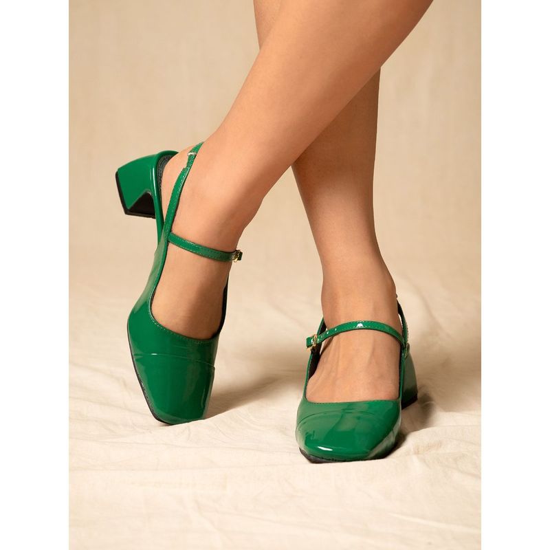 Buy Theater Green Block Square Toe Sandal Heels Online