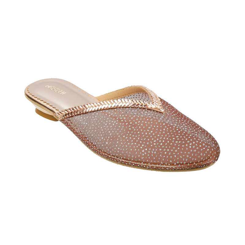 Buy Mochi Women Synthetic Embellished Rose Gold Mules Online