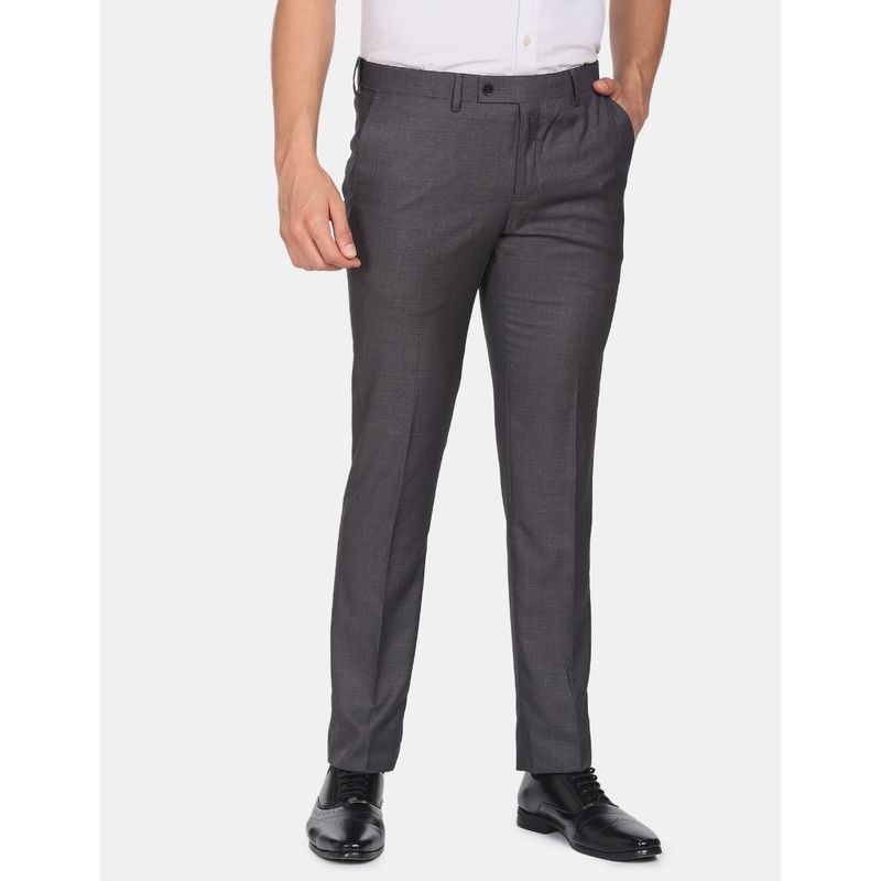 Buy Arrow Men Dark Grey Hudson Tailored Fit Autoflex Formal Trousers Online