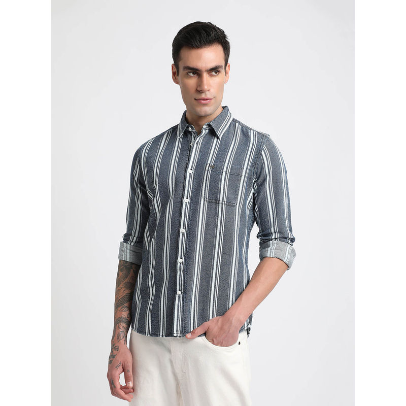 Buy The Bear House Men Blue Striped Slim Fit Cottom Casual Shirt Online