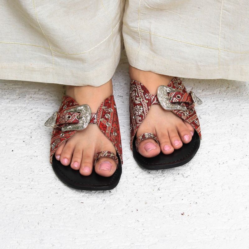 Buy SANDALWALI Nadia Woven Red Brocade Flats Online