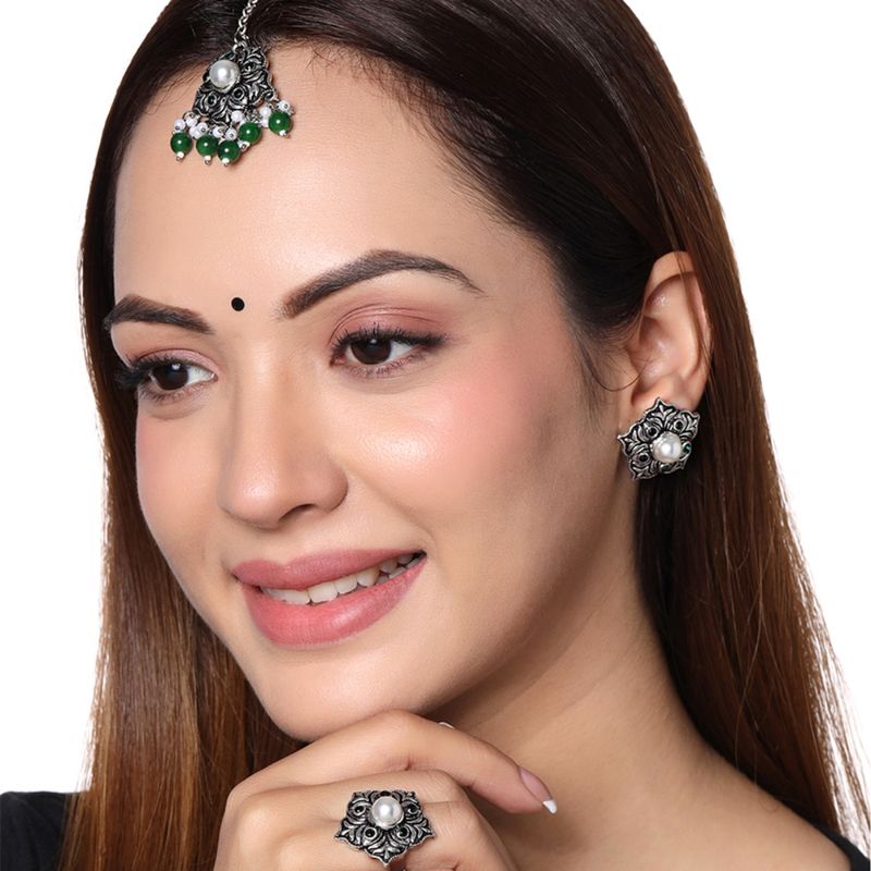 Buy Yellow Chimes Women Silver Oxidised Set of Ring Earring and ...