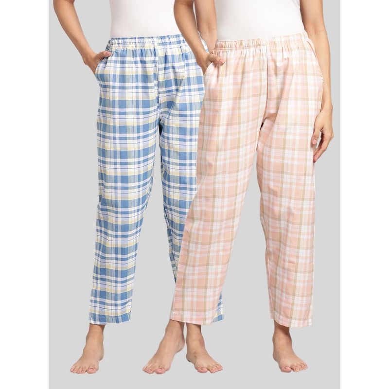 Buy Kryptic Womens Blue & Peach Cotton Check Lounge Pajamas (Pack of 2 ...