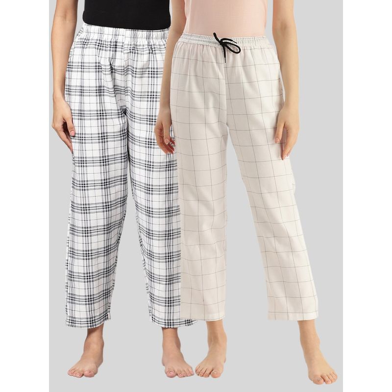 Buy Kryptic Womens White Cotton Check Lounge Pajamas (Pack of 2) Online