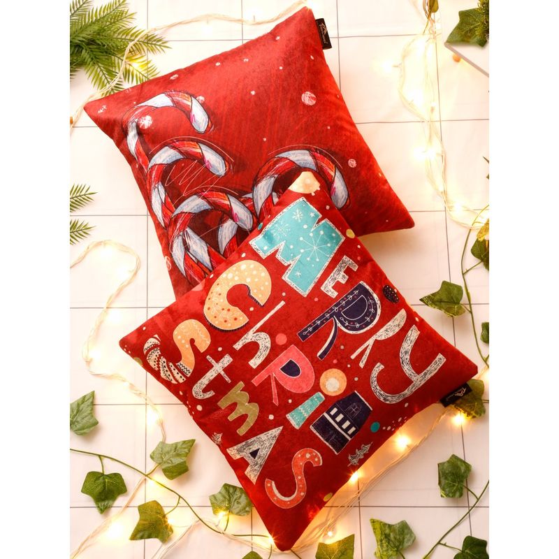 Buy HOSTA HOMES Red and White Christmas Printed Velvet Square Cushion ...