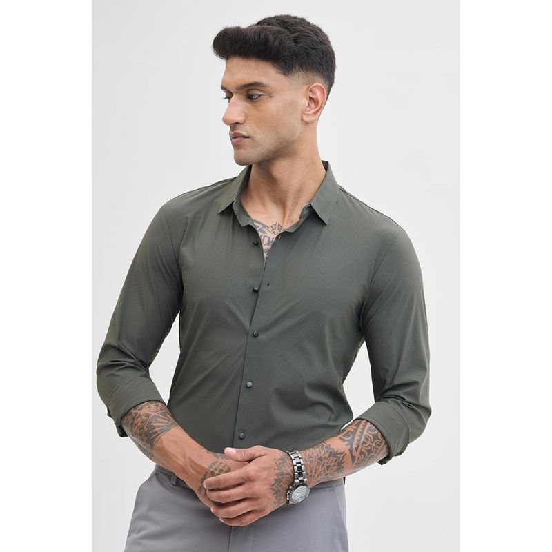 Buy Snitch Olive Stripes Technical Stitchless Shirt Online