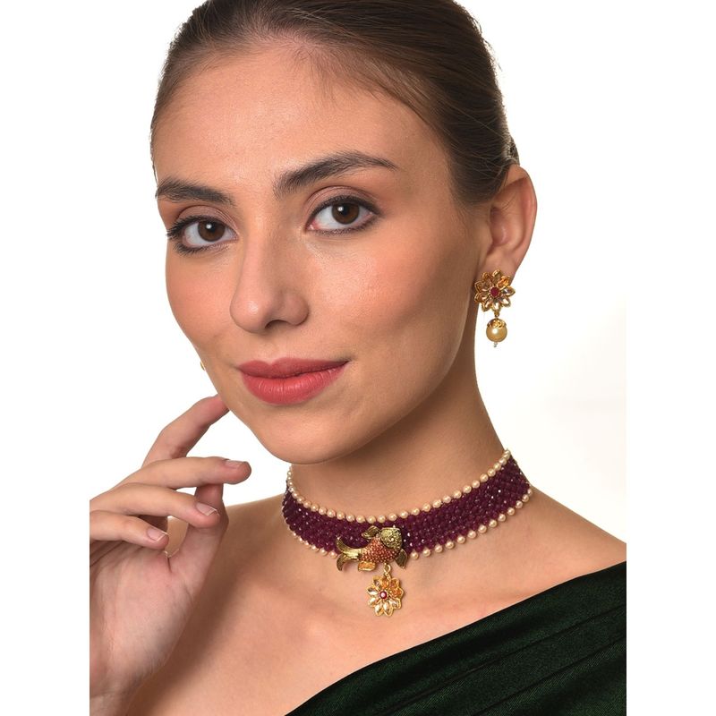 Buy Aatmana Gold Toned & Maroon Fish Studded & Beaded Jewellery Set Online
