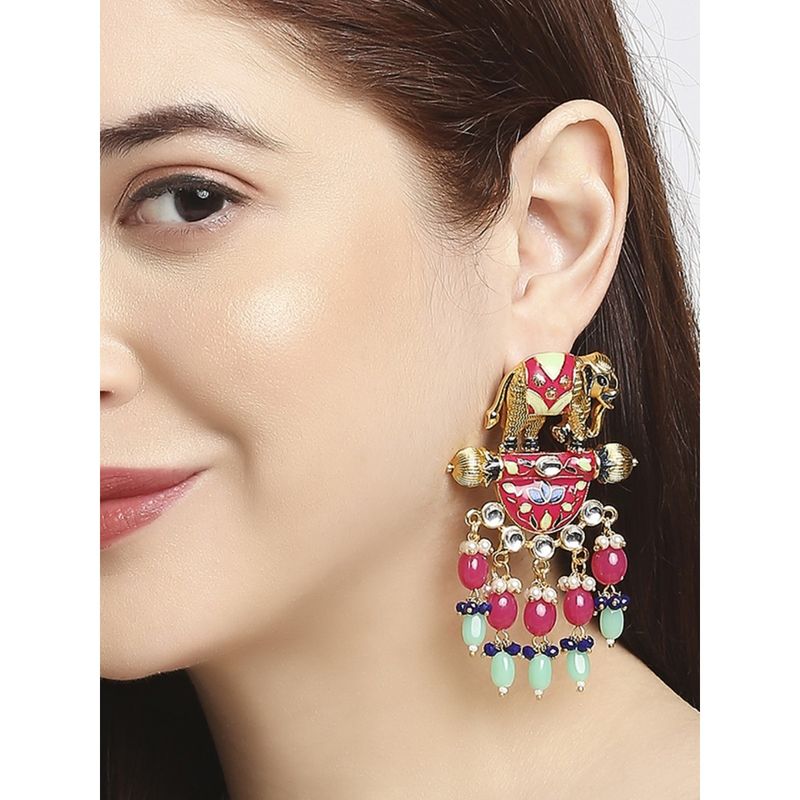 Buy OOMPH Multi-Color Red & Pink Meenakari Kundan Elephant Design Large ...