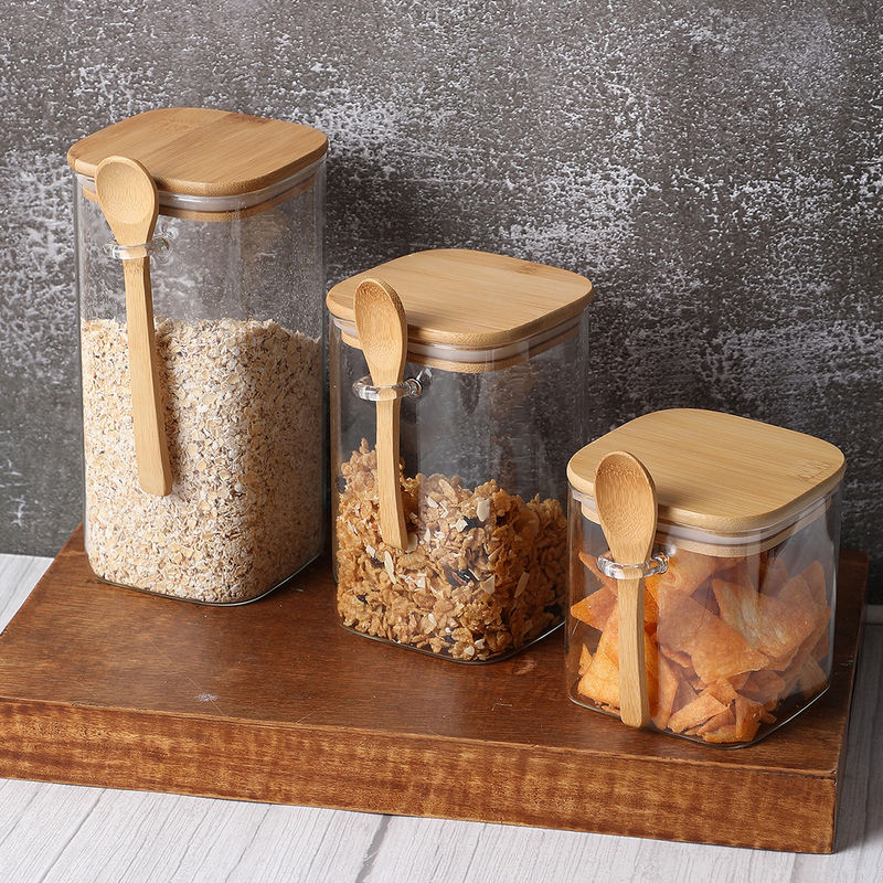 Buy Bonhomie Pack of 3 Solid Square Glass Storage Jar with Wooden Lid ...