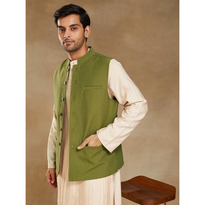 Buy Fabindia Olive Cotton Waist Length Nehru Jacket Online
