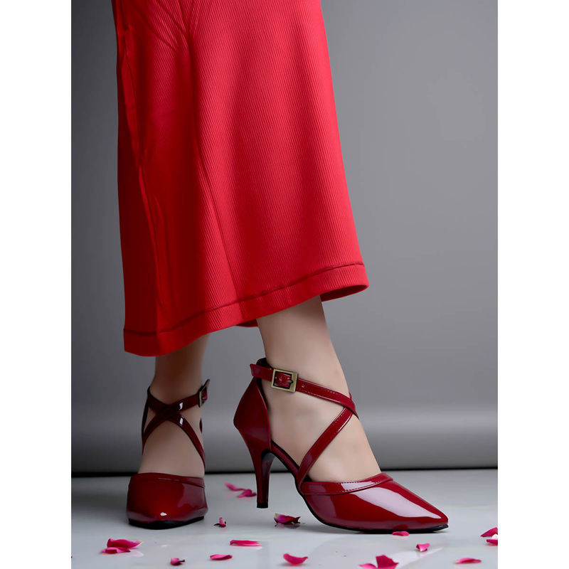 Buy Shoetopia Solid Criss-Cross Straps Red Sandal Heels for Women Online
