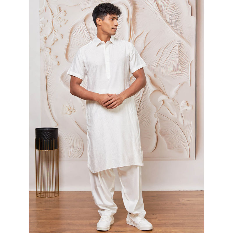 Buy Vastramay Mens White Embroidered Collar Pathani Kurta with Patiala ...