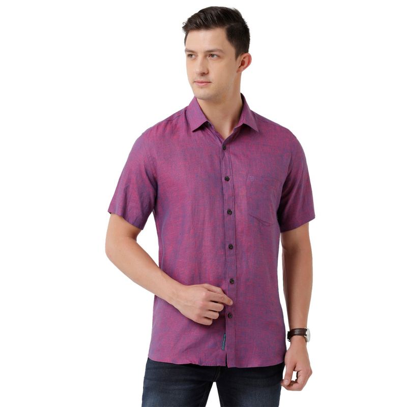 Buy Linen Club Men's Pure Linen Pink Chambray Regular Fit Half Sleeve Casual Shirt Online
