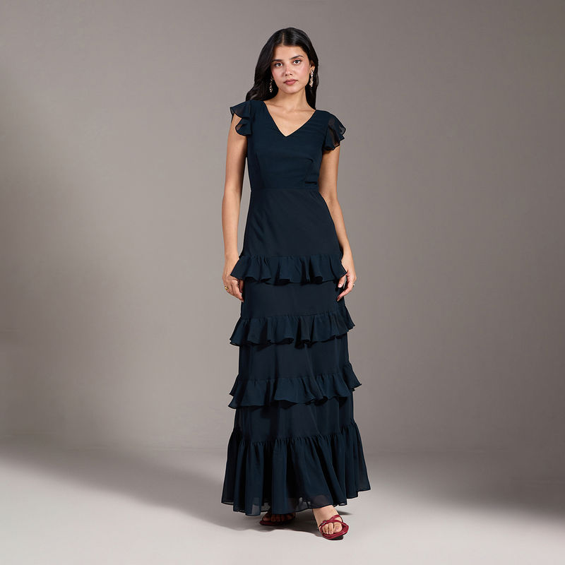 Buy Twenty Dresses by Nykaa Fashion Black Solid V Neck Ruffled Tiered Maxi Gown Online
