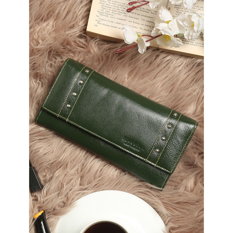Buy Teakwood Women Green Solid Two Fold Leather Wallet Online