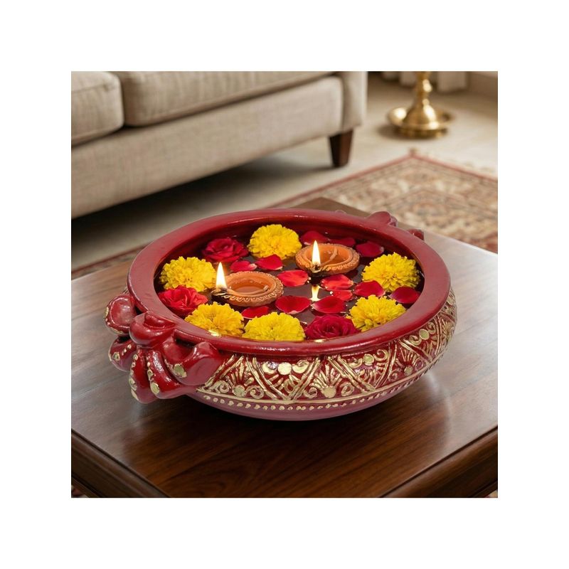 Buy eCraftIndia Red Resin Handcrafted Traditional Urli Bowl Online
