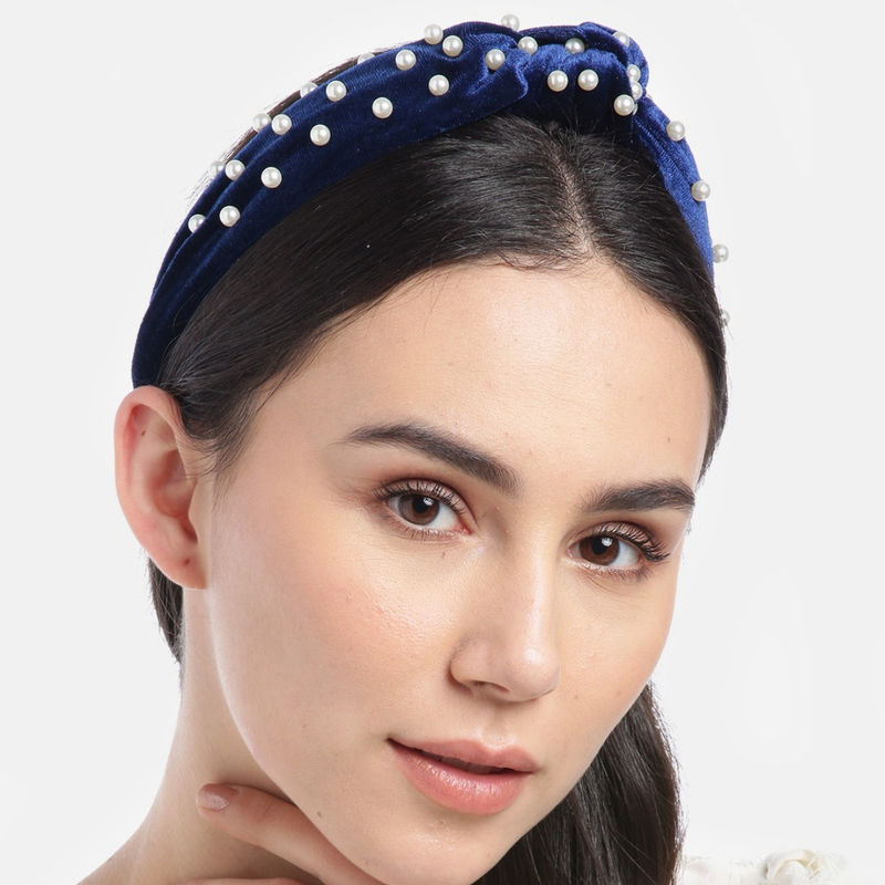 Buy Blueberry Princess Pearl Embellished Navy Blue Velvet Knot Hair ...