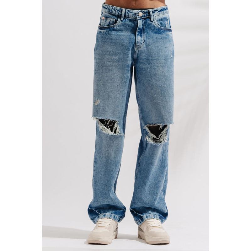 Buy FREAKINS Mens Blue Knee Ripped Straight Jeans Online