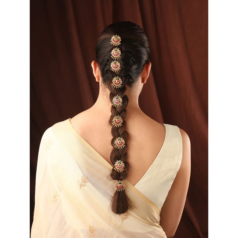 Buy Priyaasi Floral Temple Stones Hair Choti Pins (Set of 9) Online