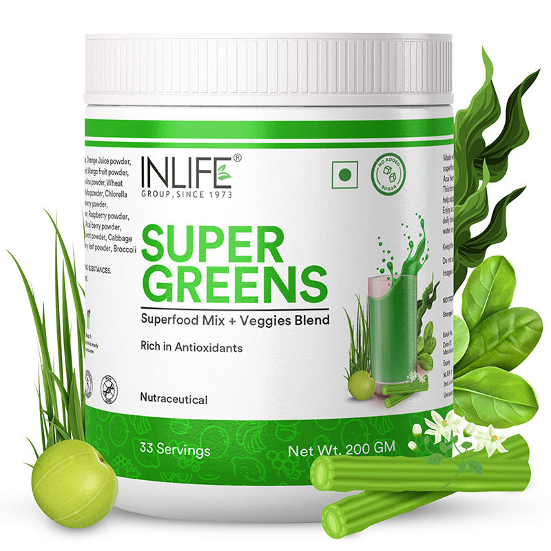 Buy Inlife Super Greens Powder Supplement Spirulina, Moringa, Chlorella ...