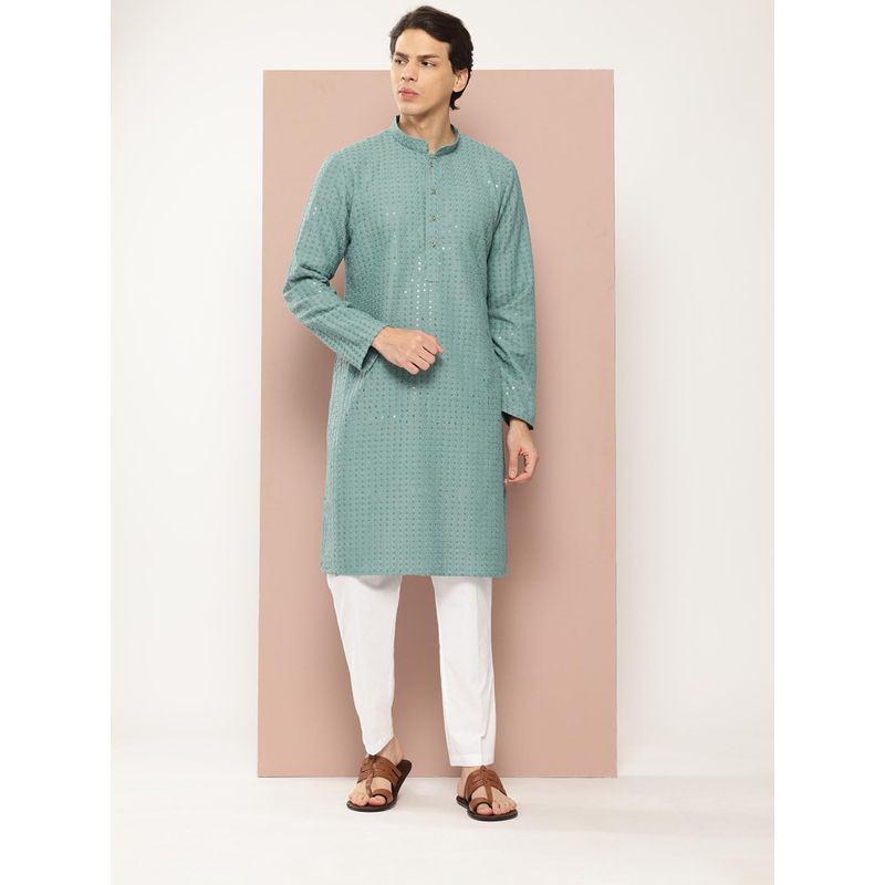 Buy See Designs Men Turquoise Embroidered Sequined Rayon Kurta with ...