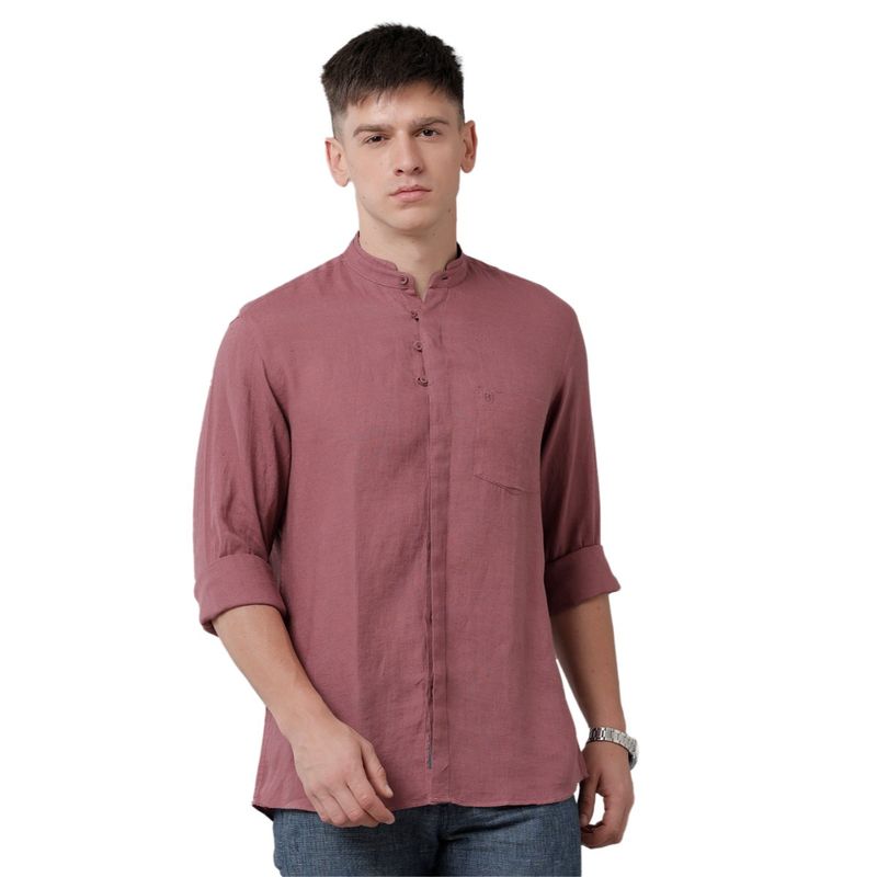 Buy Linen Club Men's Pure Linen Violet / Purple Solid Regular Fit Full Sleeve Casual Shirt Online