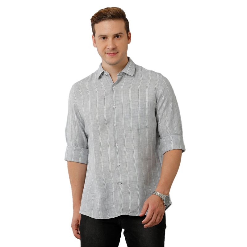 Buy Linen Club Men's Pure Linen Grey Striped Regular Fit Full Sleeve ...