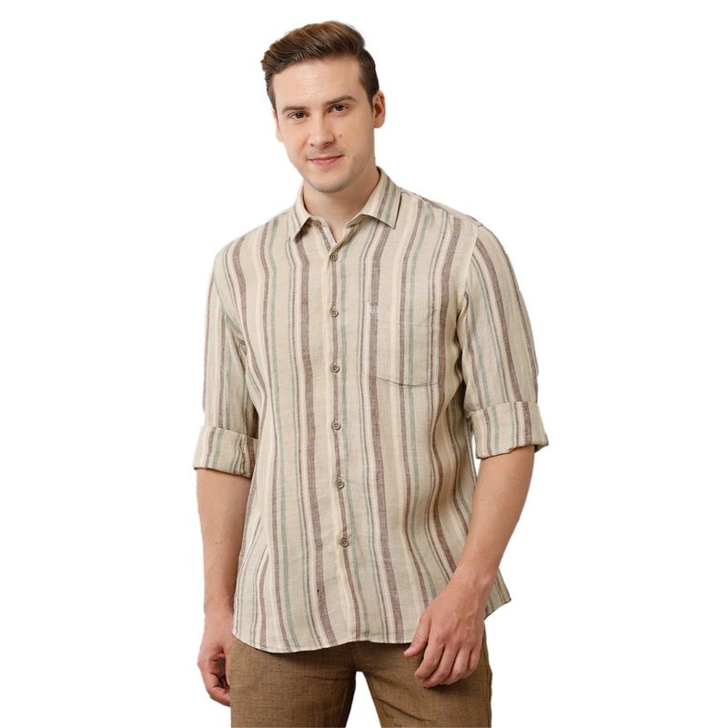 Buy Linen Club Men's Pure Linen Natural / Brown Striped Regular Fit ...