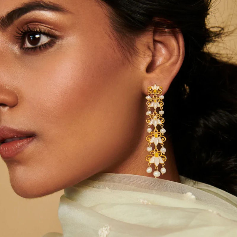 Buy ZARIIN 22KT Gold Dipped in White Enamel Lotus Garden Drop Earrings ...