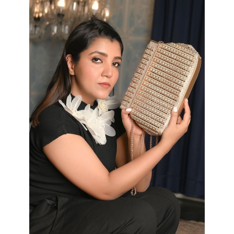 Buy Odette Golden Pu Comprehensive with Stone and Mirror Clutch Online