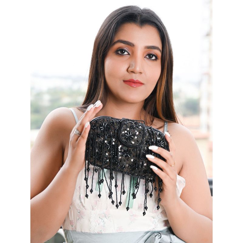 Buy Odette Black Pu Beads Embellished Tasseled with Sequin Clutch Online
