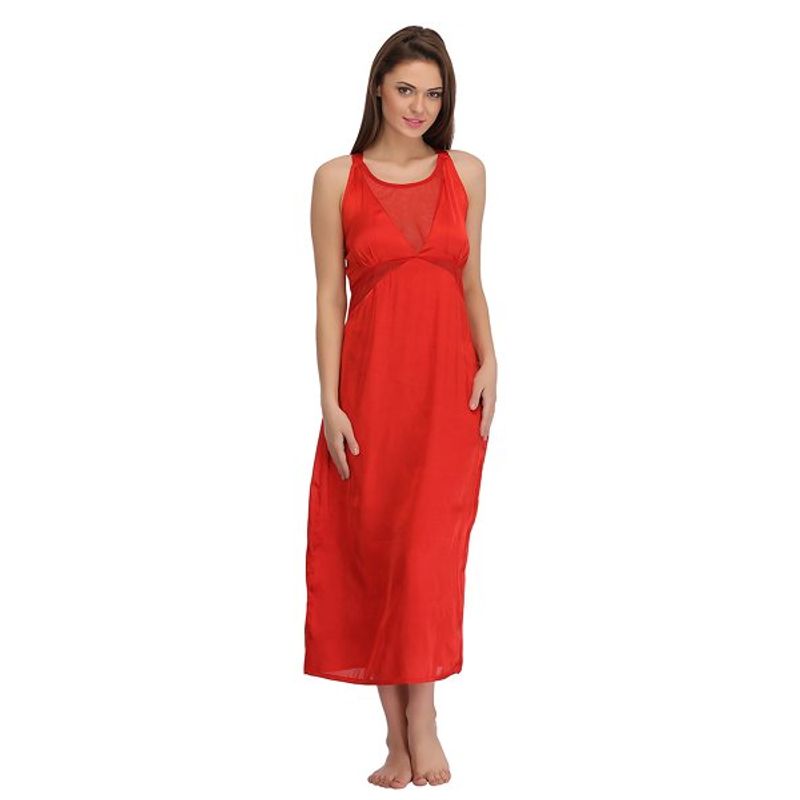 Buy Clovia Satin Nightie With Mesh Neckline - Red Online