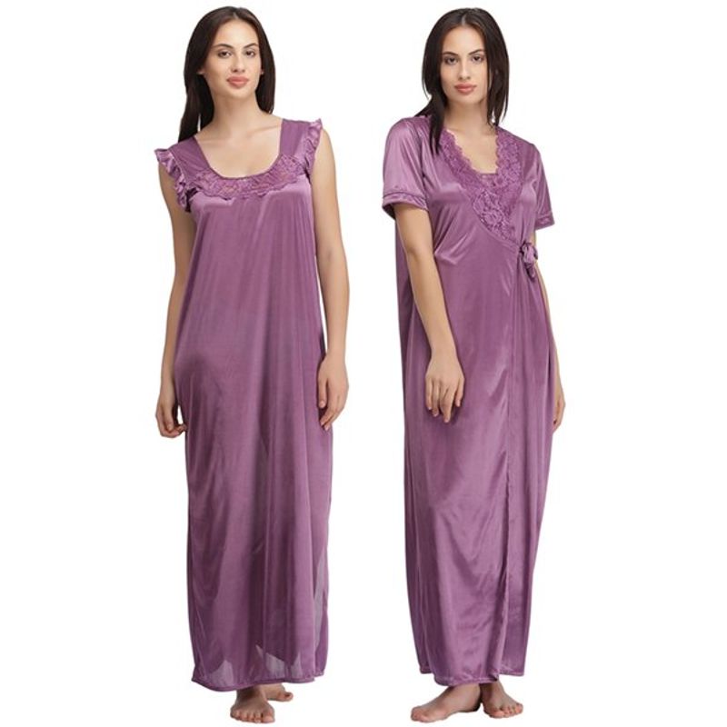 Buy Clovia Satin Nighty & Robe Set - Purple (Free Size) Online