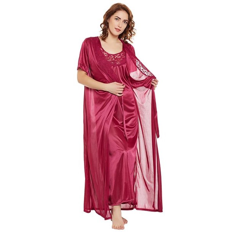 Buy Clovia Satin Nighty & Robe Set - Maroon (Free Size) Online