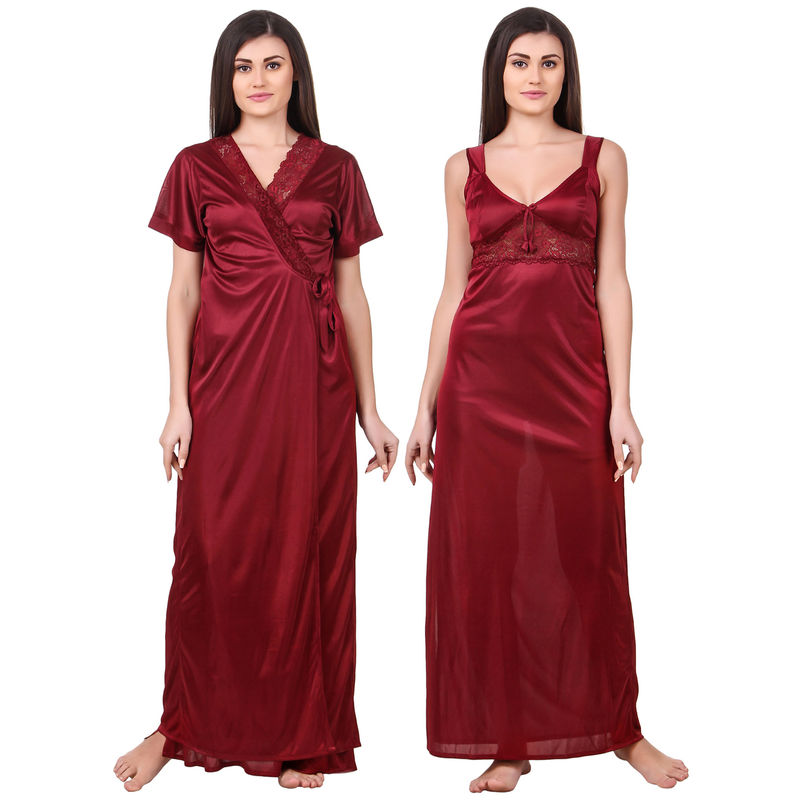 Buy Fasense Women Satin Maroon Nightwear 2 Pc Set of Nighty & Wrap Online