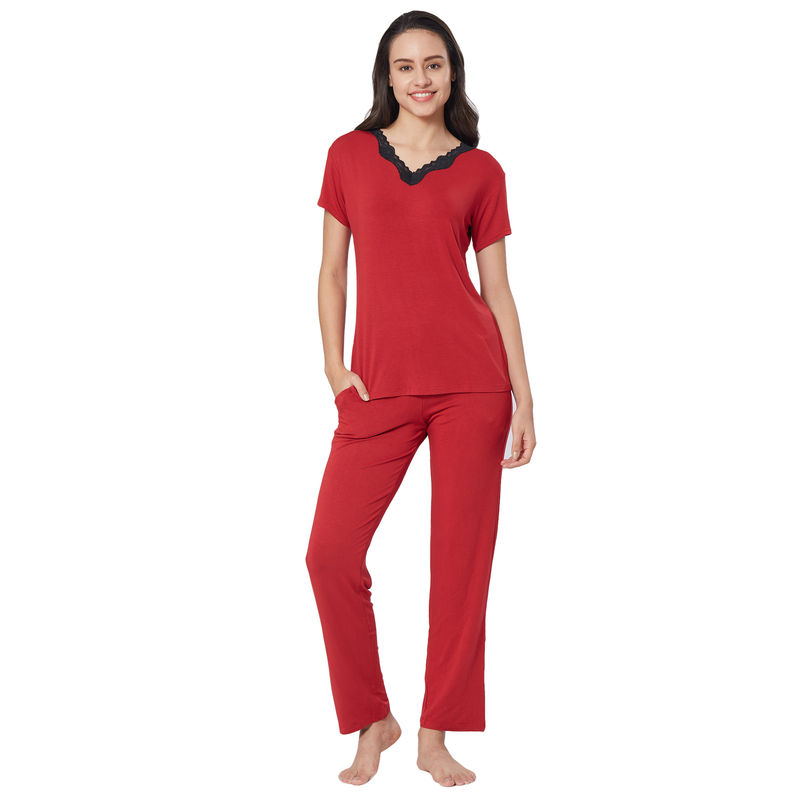 Buy Velure Red Modal Short Sleeves Solid Top & Pyjama Set For Women Online