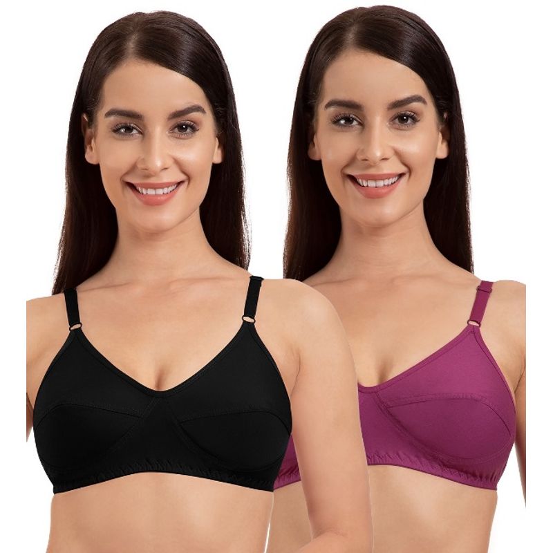 Buy Tweens Black Magenta Full Coverage Everyday Non Padded Seamed Bra - Pack of 2 (32C) Online