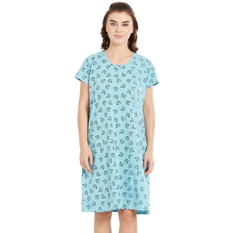 Velvet by night Aqua Blue Round Neck Short Nighty for Women: Buy Velvet ...